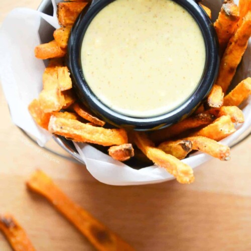 Baked Sweet Potato Fries with Maple Mustard Dipping Sauce - What the Fork